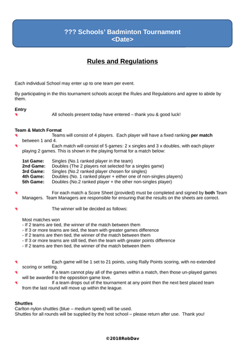 PE Dept - Badminton Schools' Tment Organisers Pack | Teaching Resources