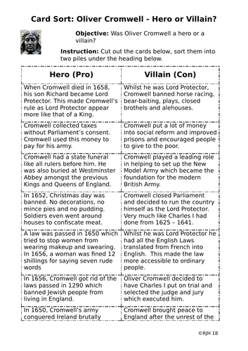 Cards Sort: Oliver Cromwell - Hero or Villain? | Teaching Resources