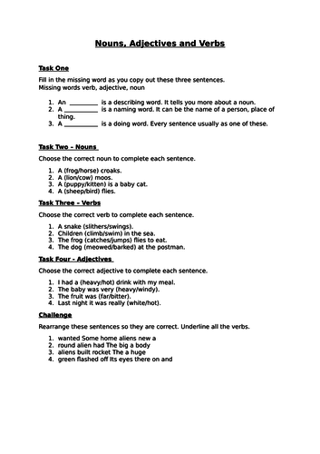 Nouns, Adjectives and Verbs | Teaching Resources