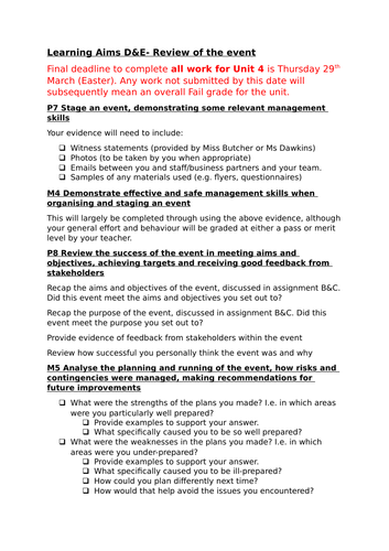 BTEC Business Level 3 Unit 4 Managing an event | Teaching Resources