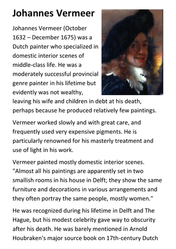 Johannes Vermeer Handout | Teaching Resources