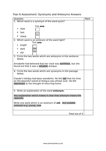 Year 6 Synonyms and Antonyms: PPT Lesson and Assessment | Teaching ...