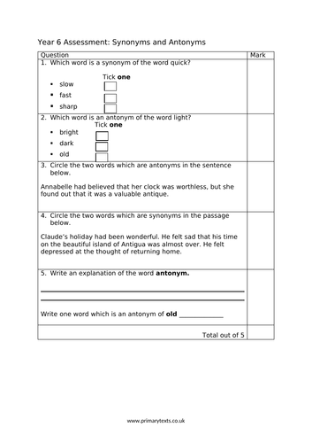 Year 6 Synonyms and Antonyms: PPT Lesson and Assessment | Teaching ...
