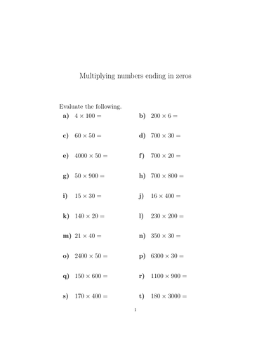 Multiplying numbers ending in zeros worksheet (with answers) | Teaching ...