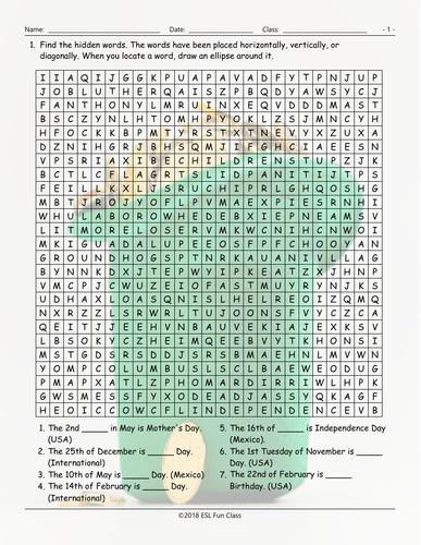 American versus Mexican Holidays Word Search Worksheet | Teaching Resources