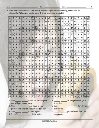 Modal Verbs-Obligation Necessity Prohibition Word Search Worksheet ...