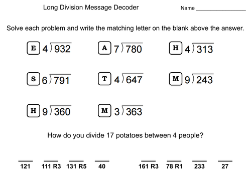 Fourth Grade Long Division with Remainders Activity: Math Message ...