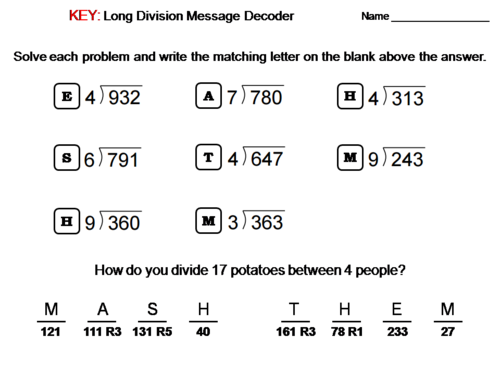 Fourth Grade Long Division with Remainders Activity: Math Message ...