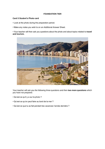 French foundation GCSE photo card practice holidays | Teaching Resources