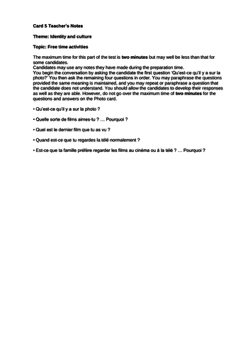 French GCSE Foundation photo card practice free time | Teaching Resources