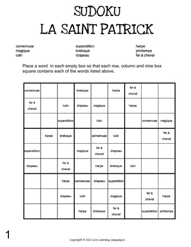 La Saint Patrick French Sudoku Puzzles - St. Patrick's Day - Printable ...