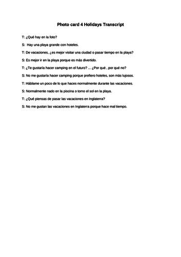Spanish GCSE Foundation holidays photo card pratice | Teaching Resources