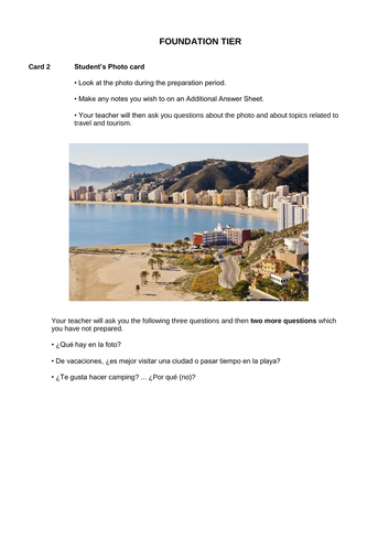 Spanish GCSE Foundation holidays photo card pratice | Teaching Resources