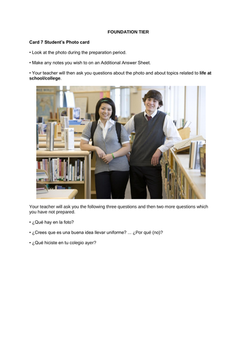 Spanish GCSE Foundation school photo card practice | Teaching Resources