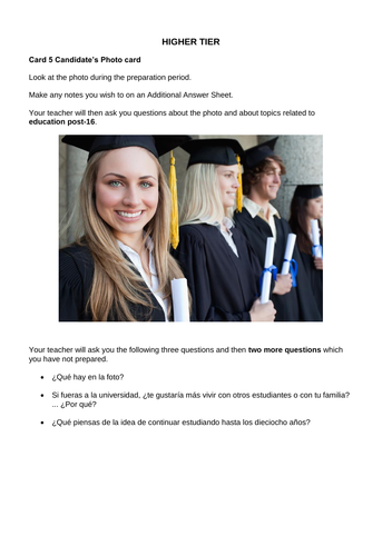 Spanish GCSE Higher education photo card practice | Teaching Resources