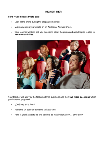 Spanish GCSE Higher free time photo card practice | Teaching Resources