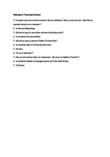 French GCSE Foundation careers role play | Teaching Resources