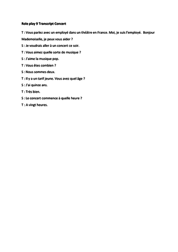 French GCSE Foundation concert role play | Teaching Resources