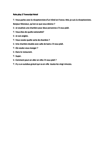 French GCSE Foundation hotel role play | Teaching Resources