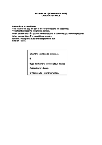 French GCSE Foundation hotel role play | Teaching Resources