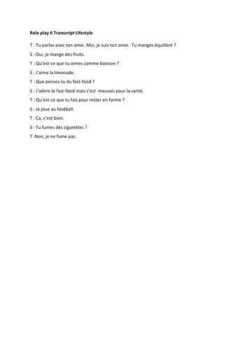 French GCSE Foundation lifestyle role play | Teaching Resources
