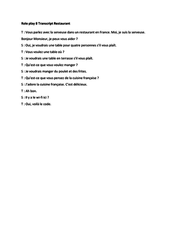 French GCSE Foundation restaurant role play | Teaching Resources