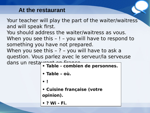French GCSE Foundation restaurant role play | Teaching Resources