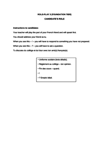 French GCSE Foundation school uniform & rules role play | Teaching ...