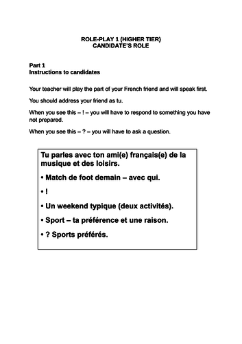 French GCSE Higher free time role play | Teaching Resources