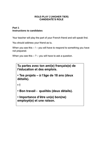 French GCSE Higher careers role play | Teaching Resources