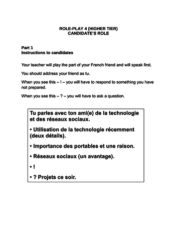 French GCSE Higher technology role play | Teaching Resources