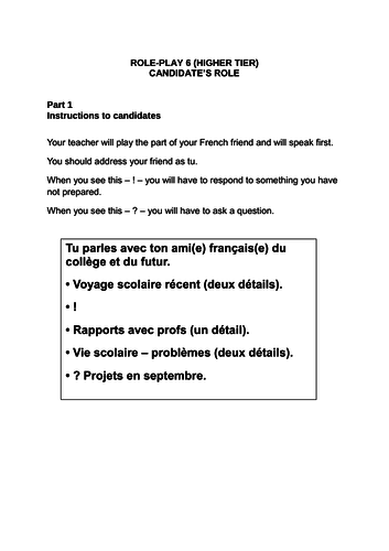 French GCSE Higher school role play | Teaching Resources