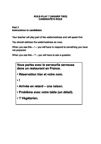 French GCSE Higher restaurant role play | Teaching Resources