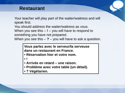 French GCSE Higher restaurant role play | Teaching Resources