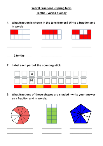 Year 3 Spring block 5 Fractions varied fluency Tenths | Teaching Resources Year 3 Spring block 5 Fractions varied fluency Tenths | Teaching Resources