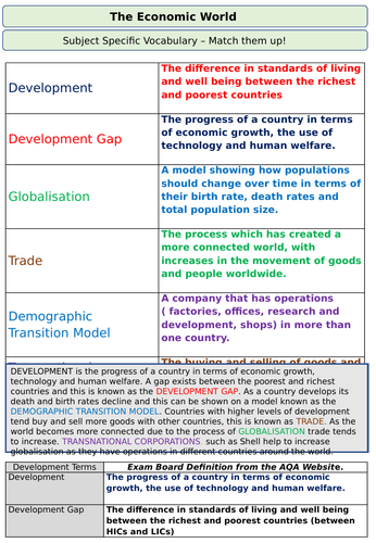 AQA 9-1 GCSE Geography - Development Gap Key Vocabulary Revision ...