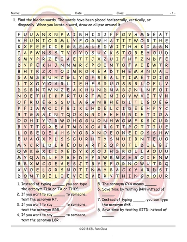 Cell Phones-Texting Acronyms Word Search Worksheet | Teaching Resources