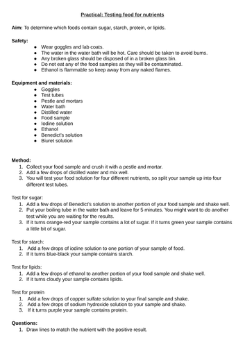 KS3 Biology Food tests practical worksheets | Teaching Resources