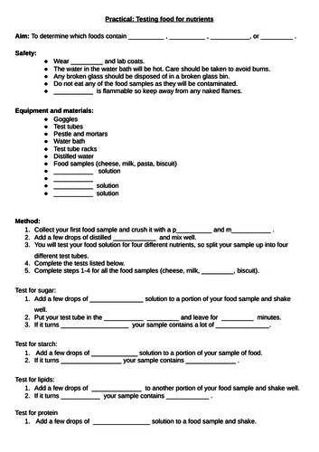 KS3 Biology Food tests practical worksheets | Teaching Resources