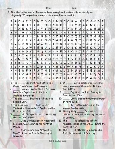 Holidays-Festivals Around the World Word Search Worksheet | Teaching ...
