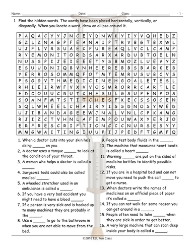 Hospitals-Injuries Word Search Worksheet | Teaching Resources