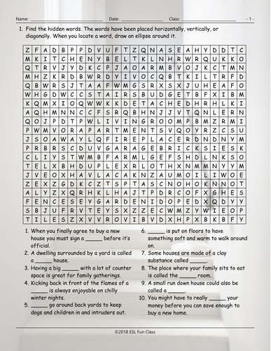 Houses-Apartments Types-Features Word Search Worksheet | Teaching Resources