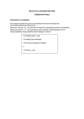 Spanish GCSE Foundation careers role play | Teaching Resources