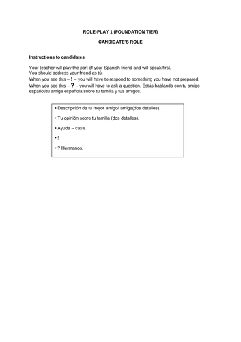 Spanish GCSE Foundation family & friends role play | Teaching Resources