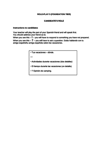 Spanish GCSE Foundation holidays role play | Teaching Resources