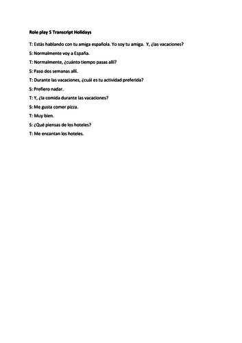 Spanish GCSE Foundation holidays role play | Teaching Resources