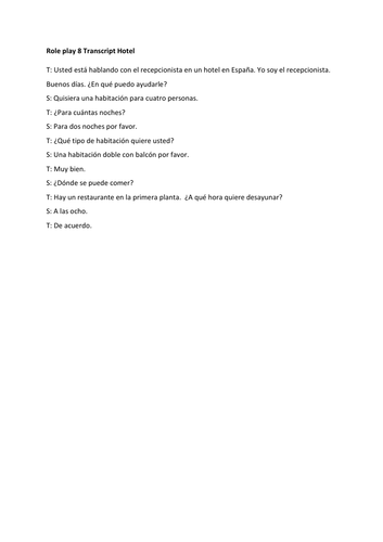 Spanish Foundation hotel role play | Teaching Resources