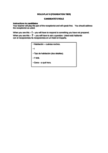 Spanish Foundation hotel role play | Teaching Resources
