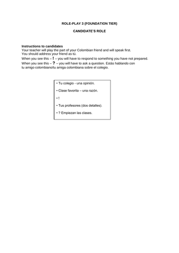 Spanish GCSE Foundation school role play 1 | Teaching Resources