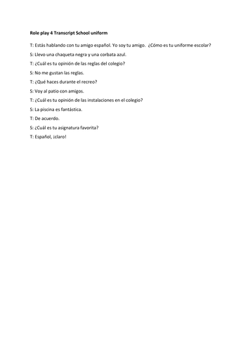 Spanish GCSE Foundation school uniform role play | Teaching Resources